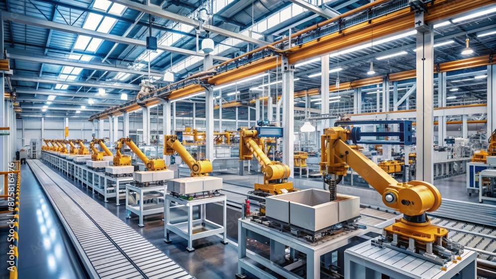 Modern industrial factory interior showing automated AI-powered robots ...