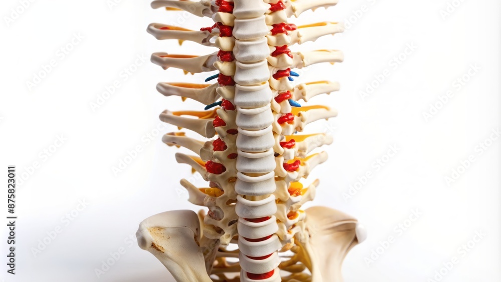 Detailed anatomical model of human spine on a white background ...