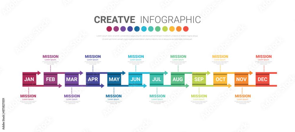 Timeline for 1 year, 12 months, infographics all month planner design ...