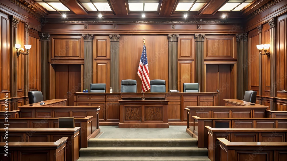 Empty court room with wooden benches, judge's seat, and flag ...