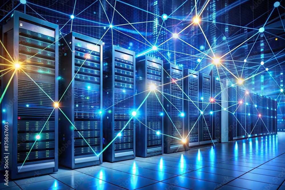 A futuristic network of interconnected devices, server racks, and ...
