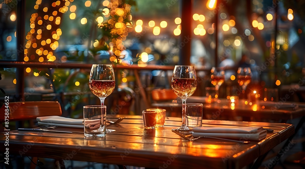 Restaurant table Wine Glass and appetizers, on the bar table Soft light ...