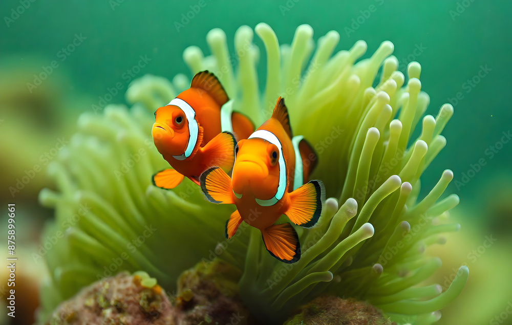 Orange nemo clown fish in the beautiful vivid green anemone. Pair of ...