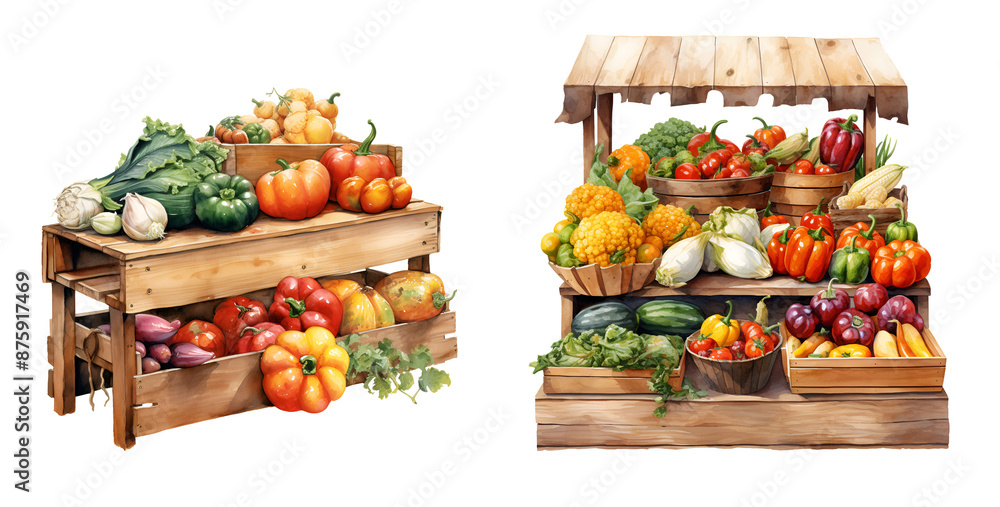 Autumn Vegetable market, watercolor clipart illustration with isolated ...