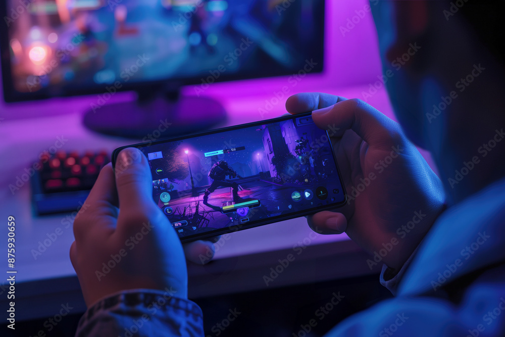 Close-up of a person playing a competitive mobile game in a neon-lit ...