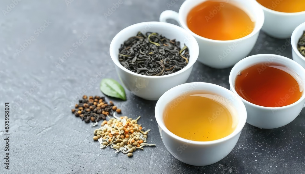 Selection of black, green, and herbal teas in ceramic cups on a vintage ...