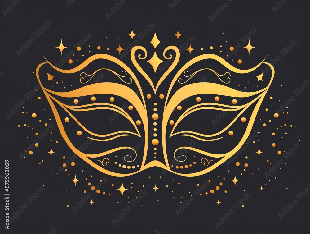 Elegant masquerade ball clipart, gilded masks, flat art, simple cartoon ...