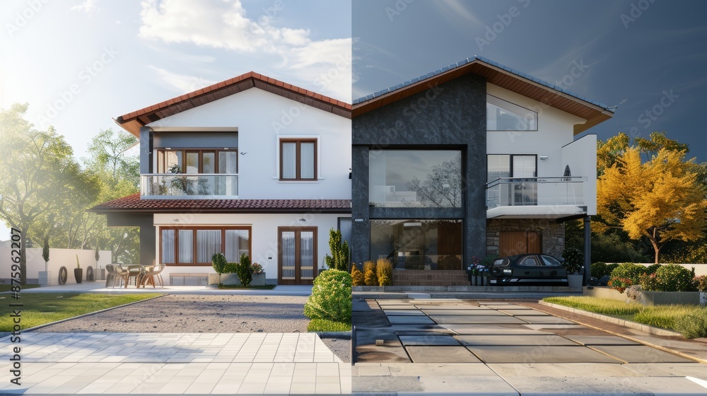 Comparison of a house exterior before and after refurbishment ...