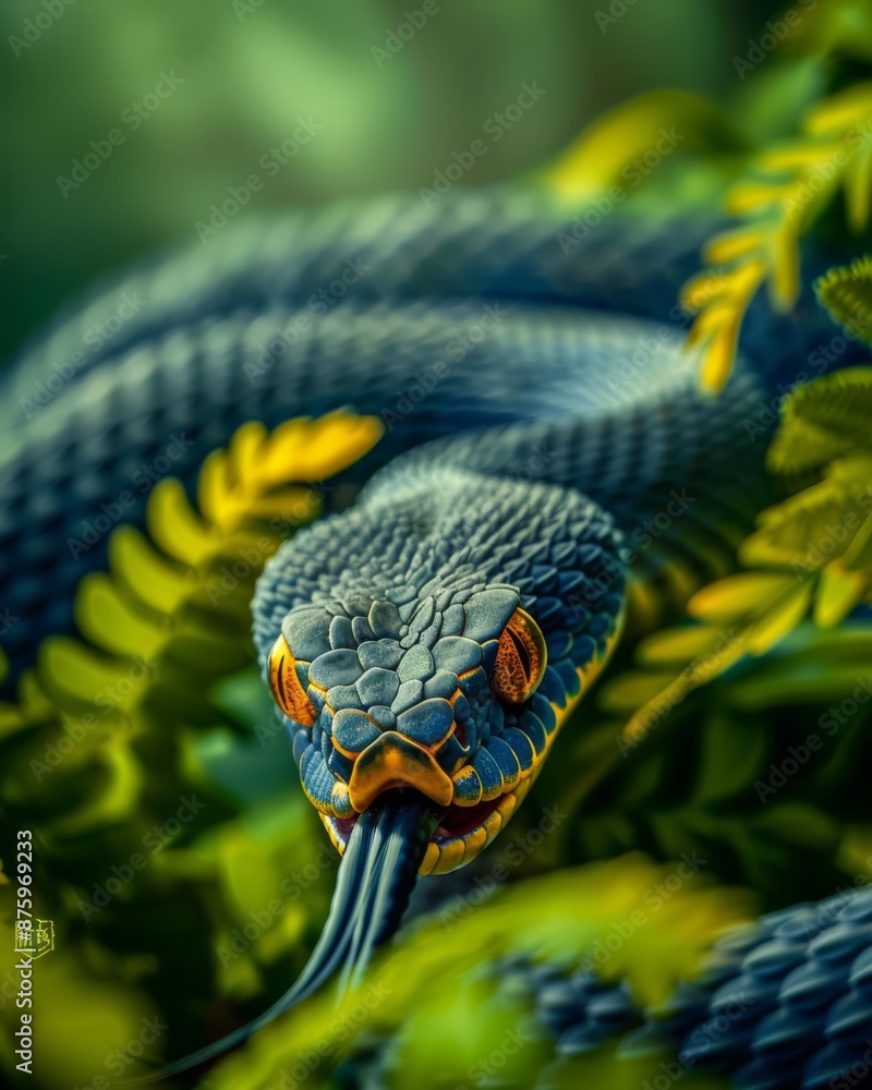 Turquoise pit viper snake with ultra yellow serpent eyes tongue out ...