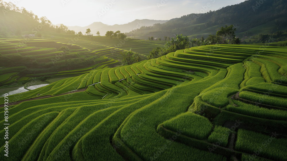 Aerial view of green rice fields. Agricultural landscape in Asia ...