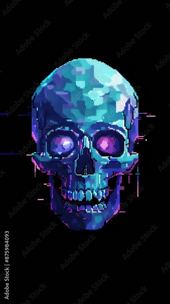 8 bit pixel art of cyberpunk skull front view black background video ...