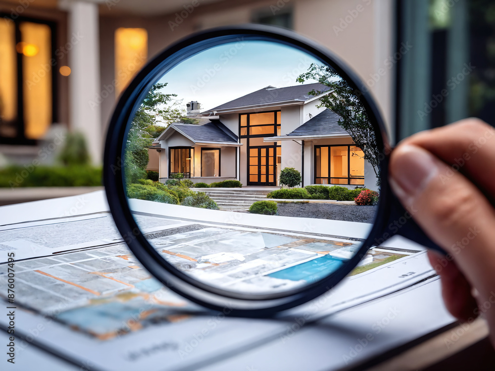 Examining a modern home through a magnifying glass on a plan Stock ...
