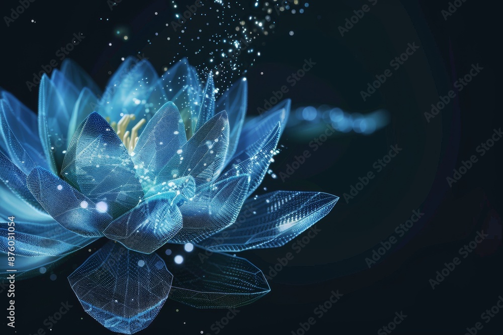 The central element of the image is a blue glowing lotus flower ...