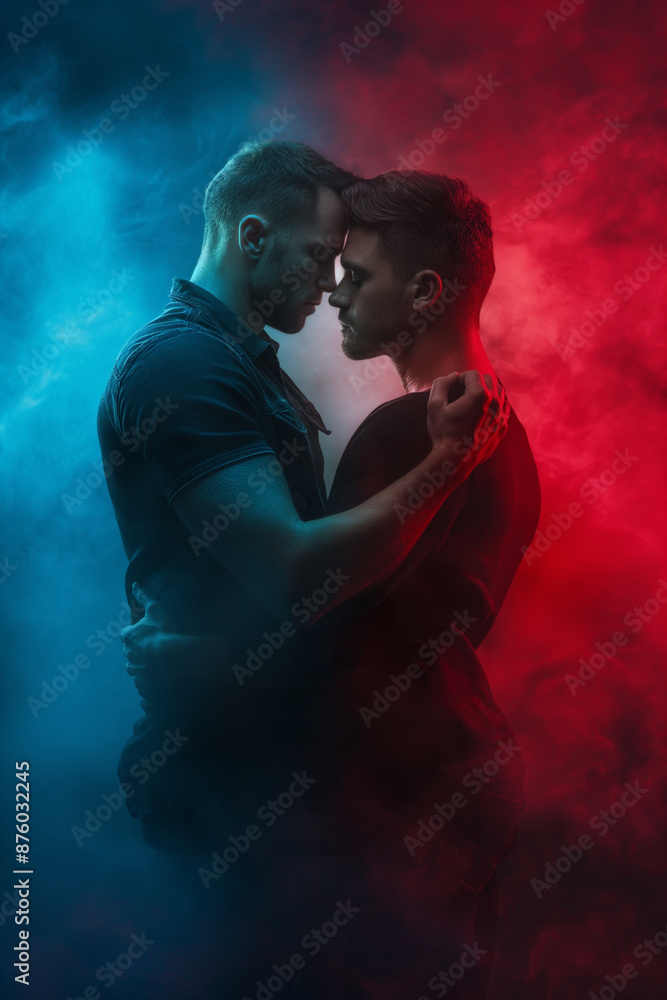 Young gay couple ready to kiss. YA paranormal fantasy concept. Darkness ...
