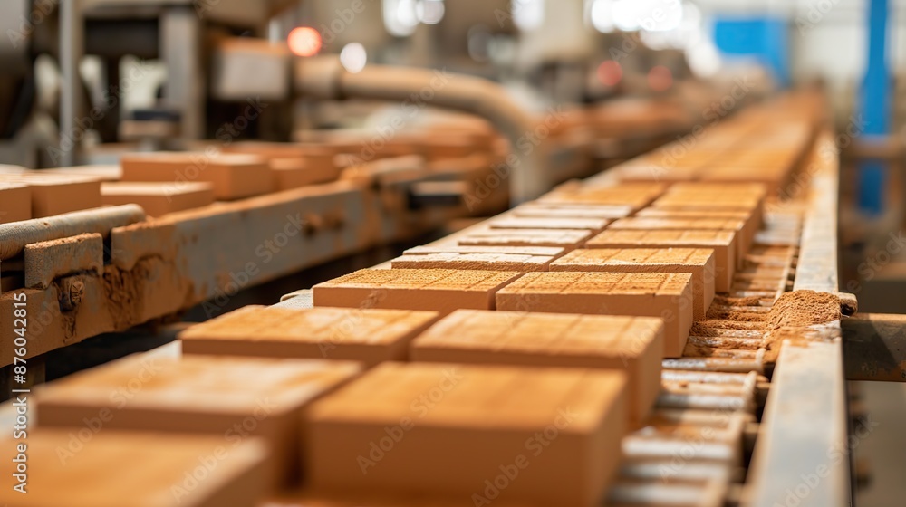 red ceramic clay bricks on conveyor belt rollers or production line ...