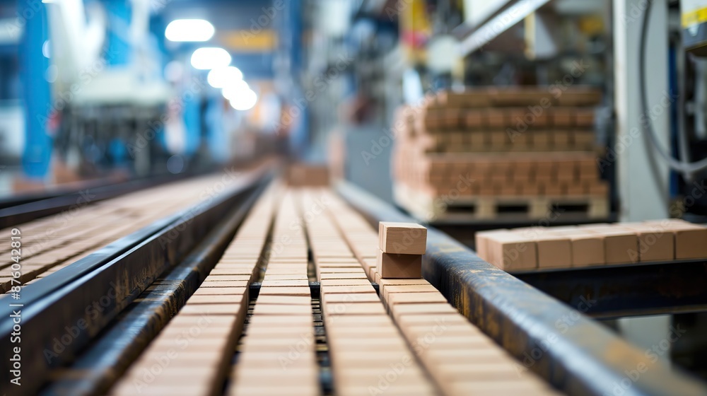 red ceramic clay bricks on conveyor belt rollers or production line ...