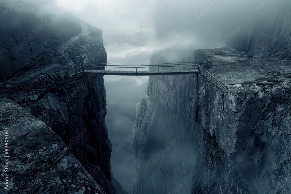 dramatic chasm between two cliff faces shrouded in ominous gray clouds ...