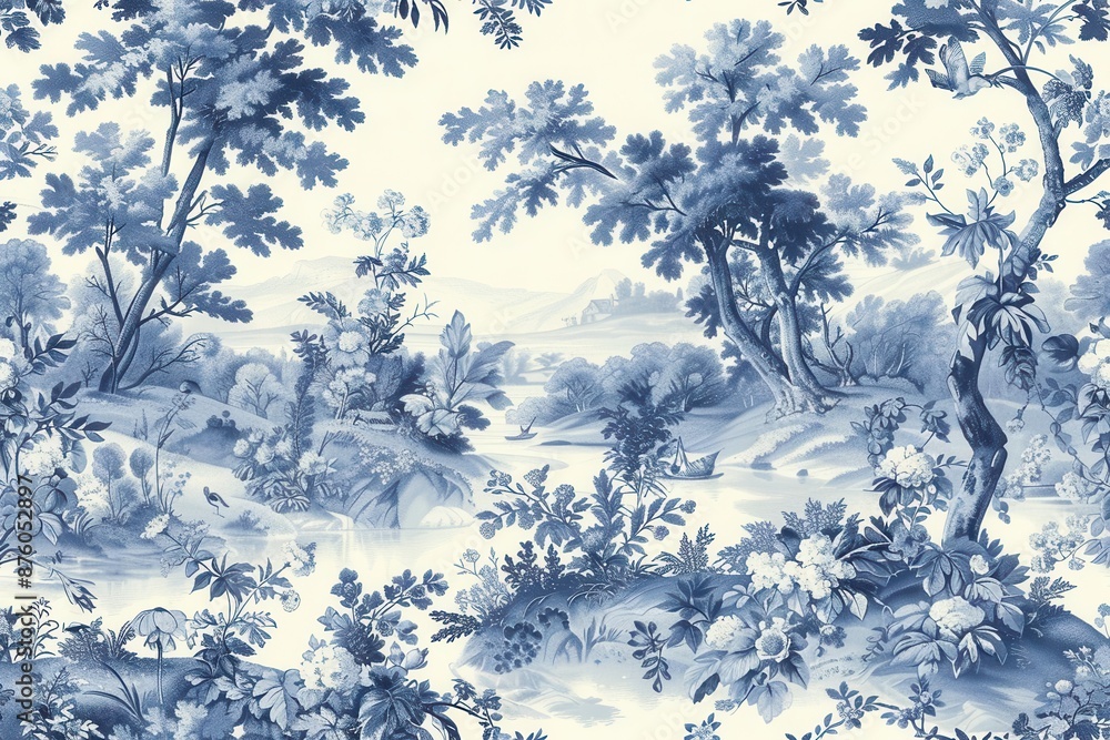 elegant french toile pattern in shades of blue and white intricate ...