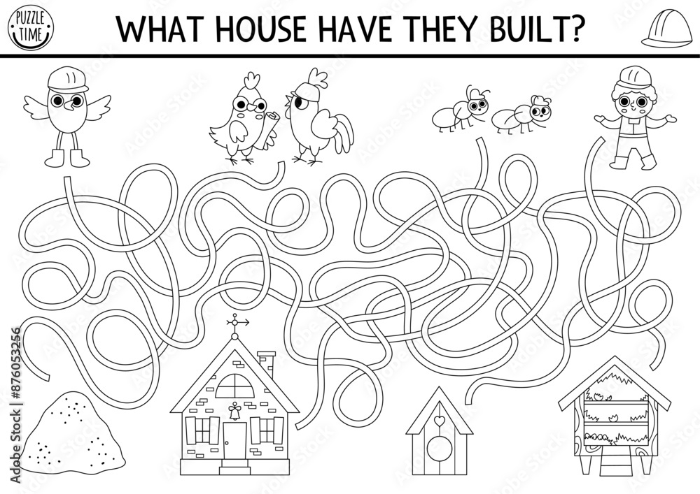 เวกเตอร์ Stock Construction site black and white maze for kids with ...