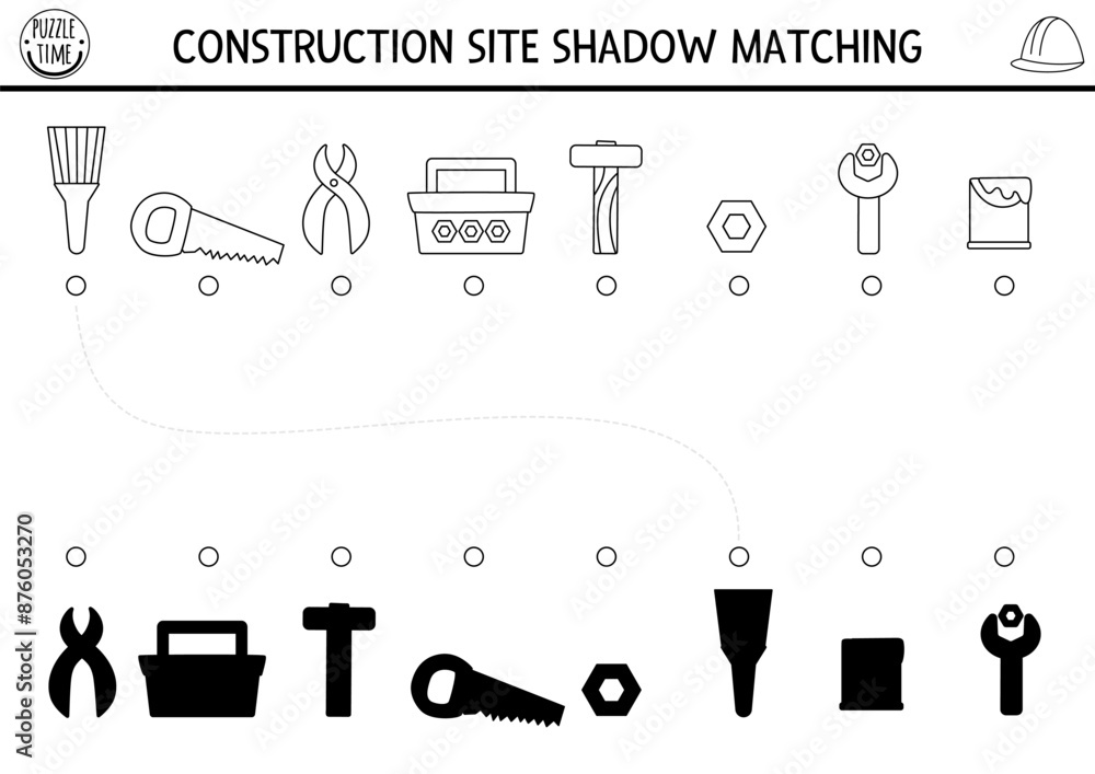 Construction site black and white shadow matching activity with tools ...