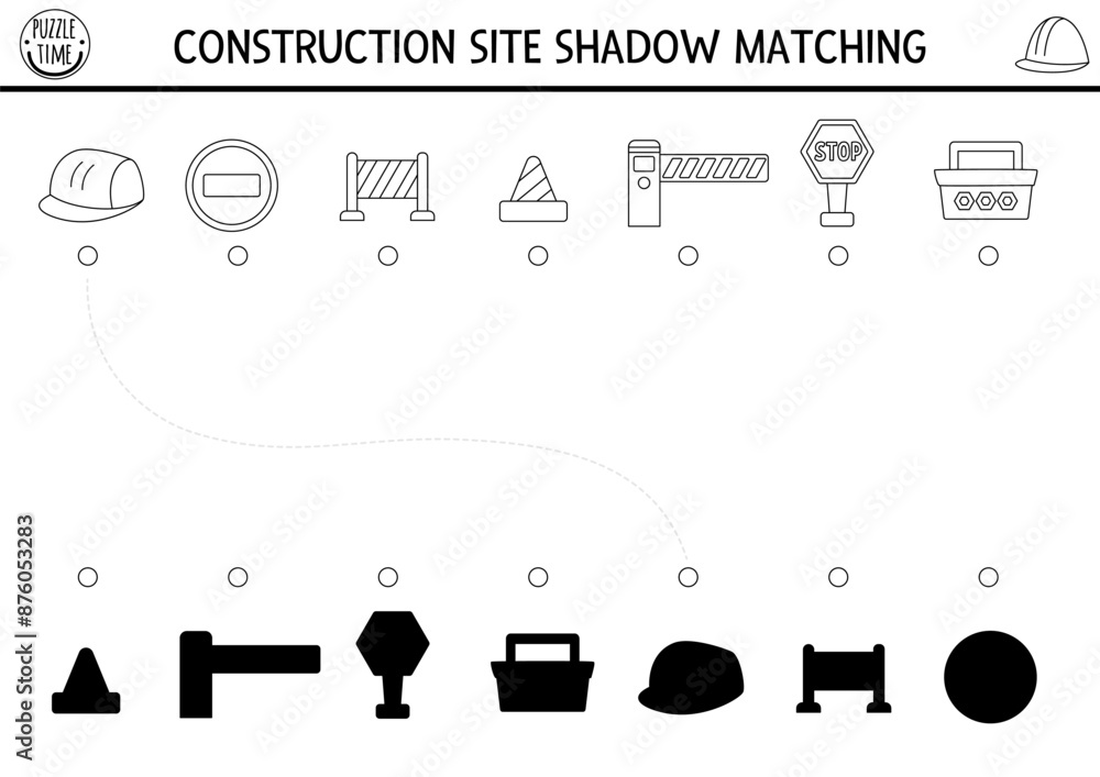 Construction site black and white shadow matching activity with traditional symbols. Building ...