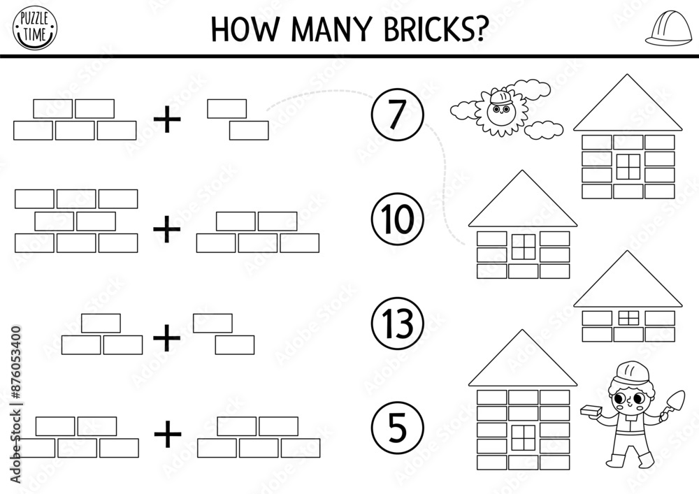 Match the numbers black and white construction site game with builder ...
