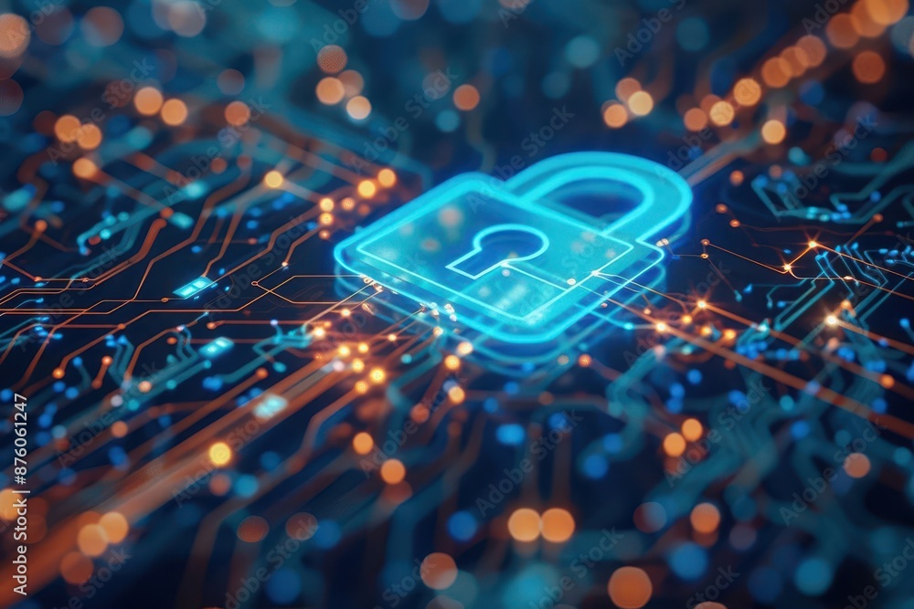 cybersecurity concept digital lock icon overlaid on complex circuit patterns glowing connections ...