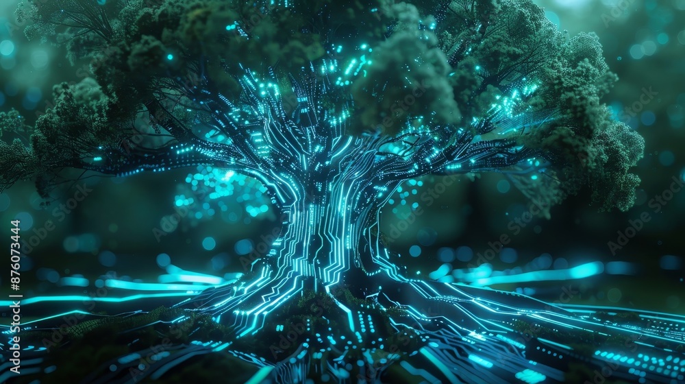 Glowing digital tree with blue lights and connected roots 素材庫插圖 | Adobe ...