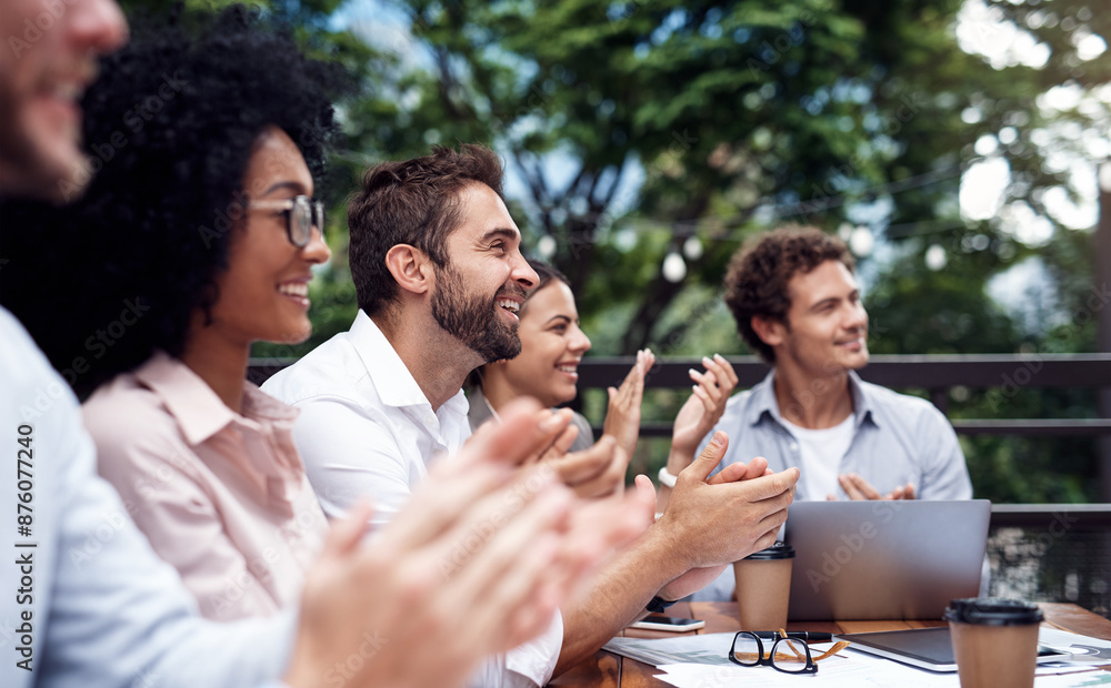 Cafe, business people and applause for celebration, success and well ...