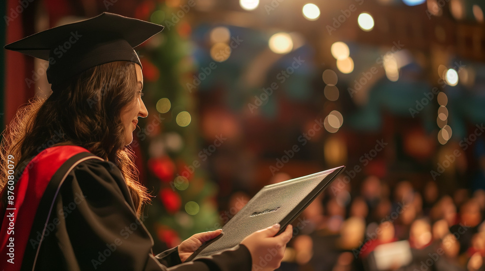Graduation, close-up of a graduate receiving their diploma on stage ...