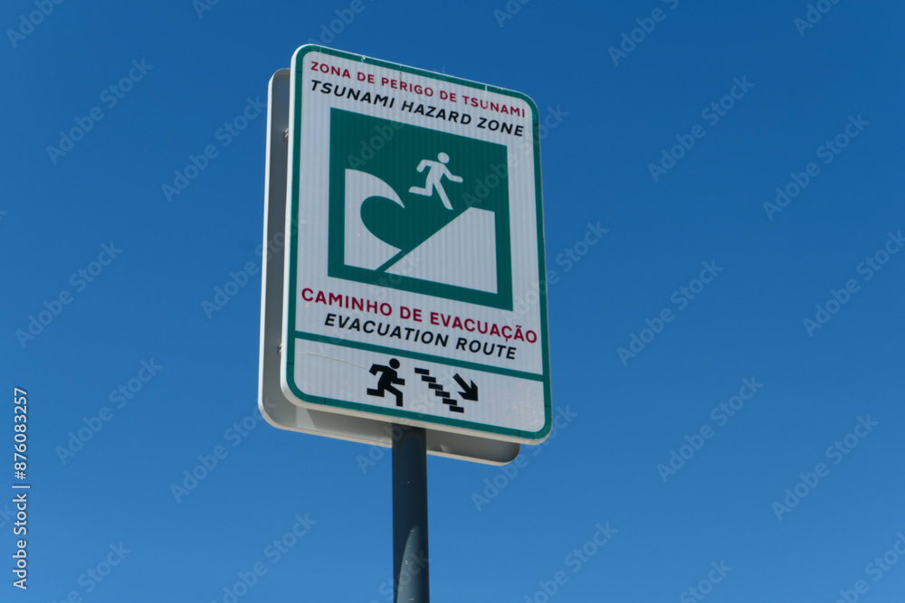 Tsunami hazard zone sign. Sign announcing a risk of tsunami and ...
