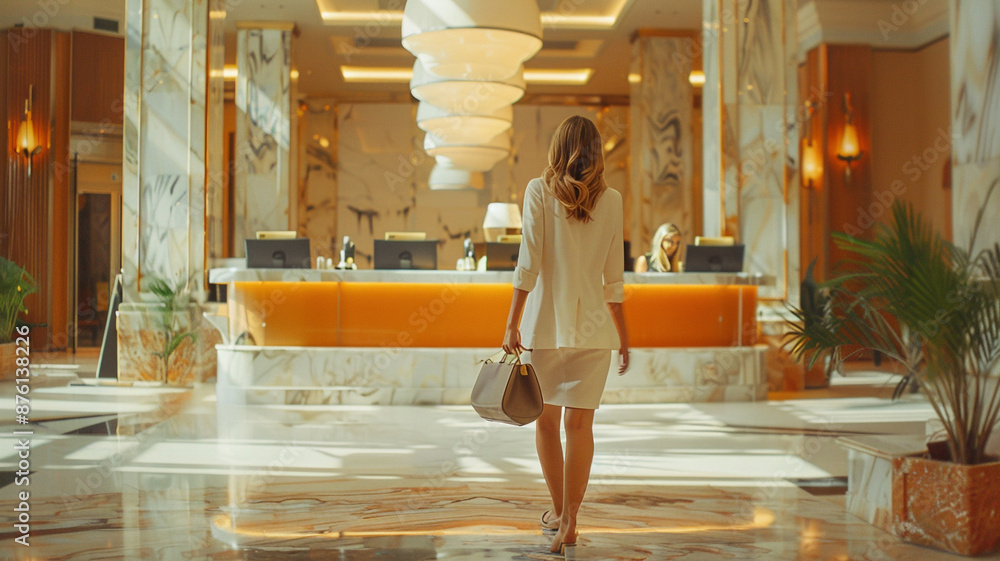 Female guest walks inside a hotel lobby with people in the background ...