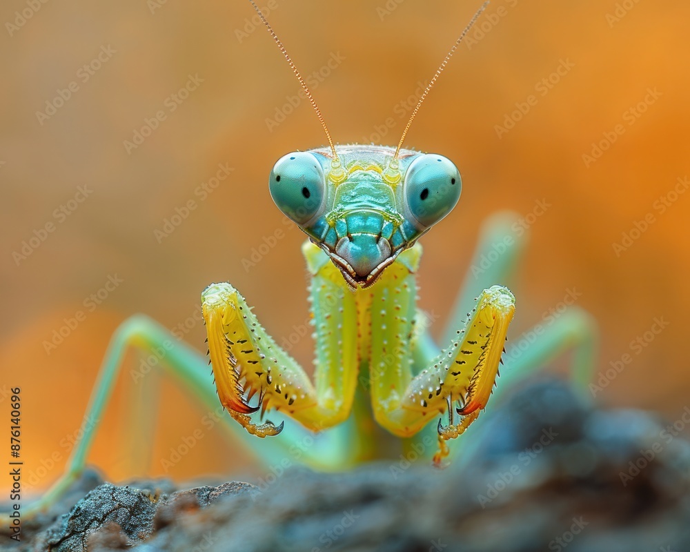Macro Close-up of Praying Mantis on Branch Showing Unique Posture and ...