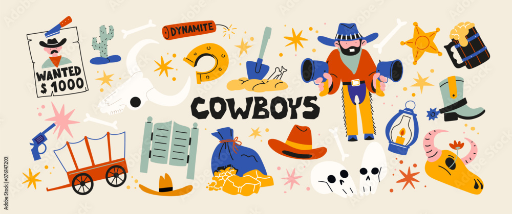 Cowboys Wild West stickers in 90s cartoon style. Gun, cowboy hat, boots ...