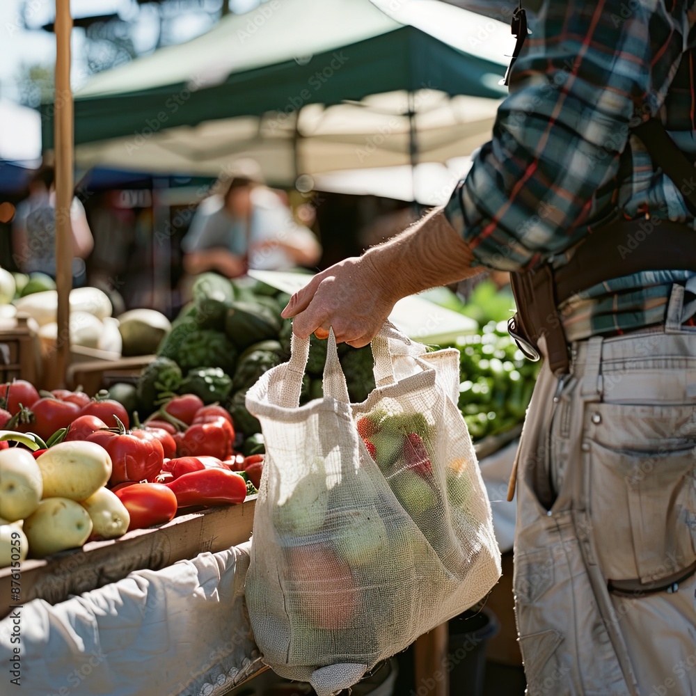 Person using a reusable shopping bag at a local farmer s market ...