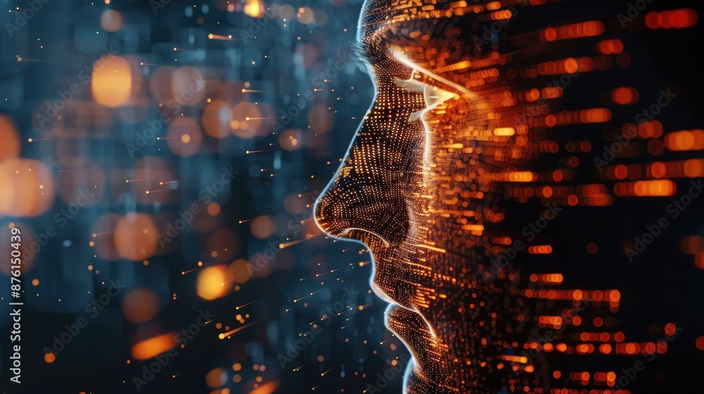 Slowly focusing human face composed of digital pixels, highlighted by an abstract and high-tech ...