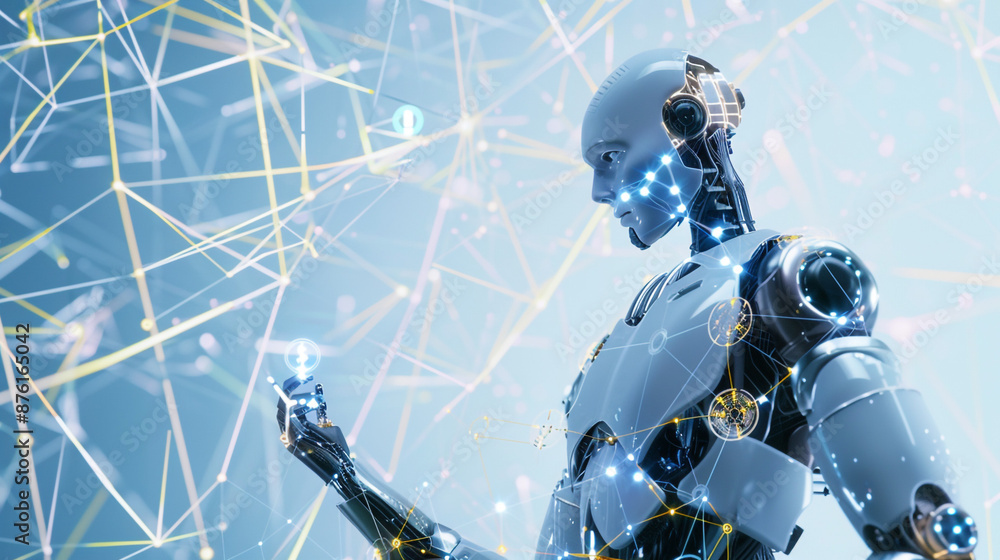 Futuristic AI robot with sleek, semi-realistic metallic silver and gold ...