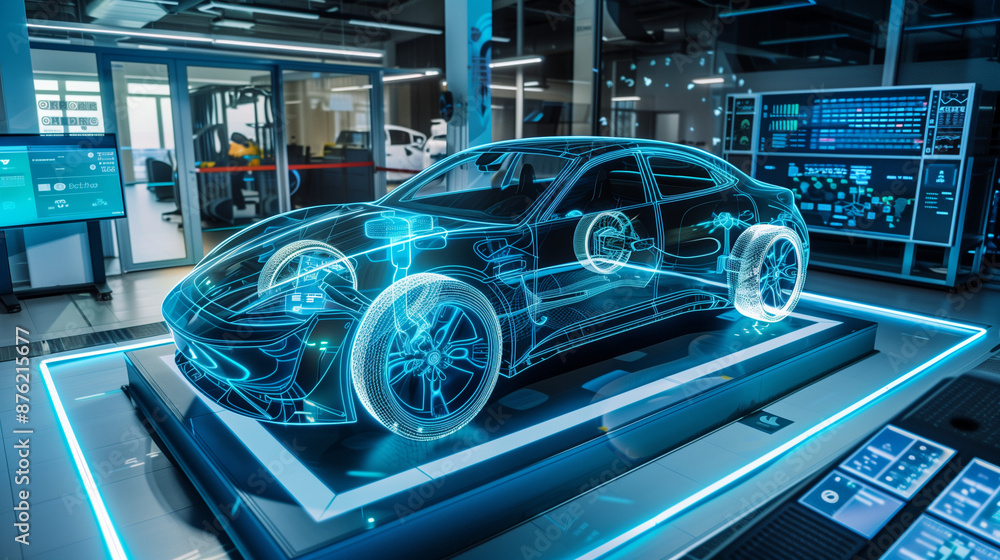 virtual car on the platform, AR augmented reality car design mock-up in ...