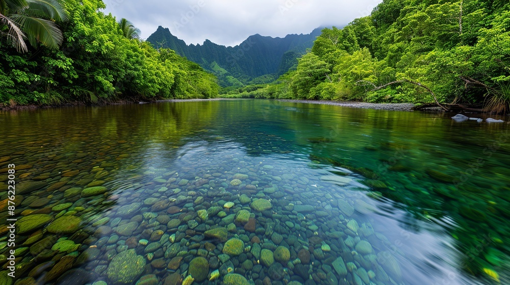 Create serene river settings using nature plates, depicting meandering ...