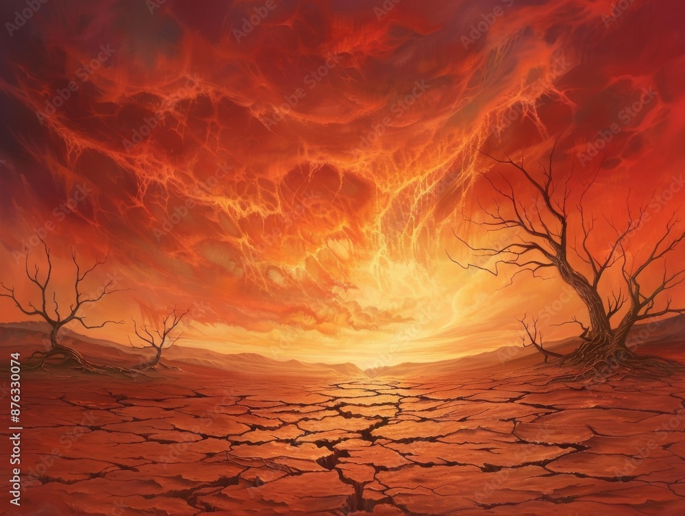 A chilling apocalyptic landscape of a barren desert with cracked earth ...