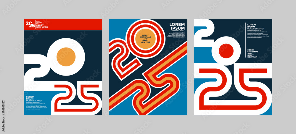2025 Colorful set of Happy New Year posters. Abstract design with ...