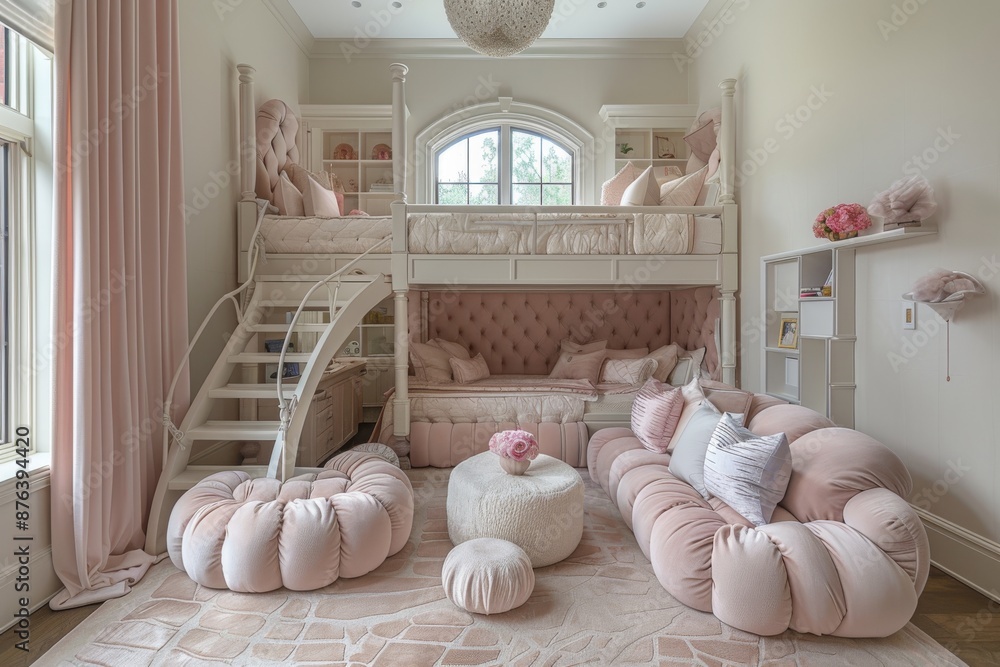 Elegant Girls' Bedroom with Loft Beds. Luxurious girls' bedroom ...