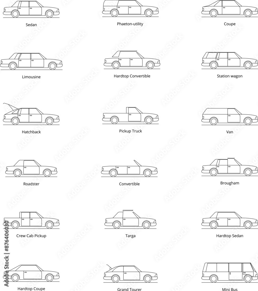 Vector de Stock Car body types. Passenger car bodies. Classification of ...