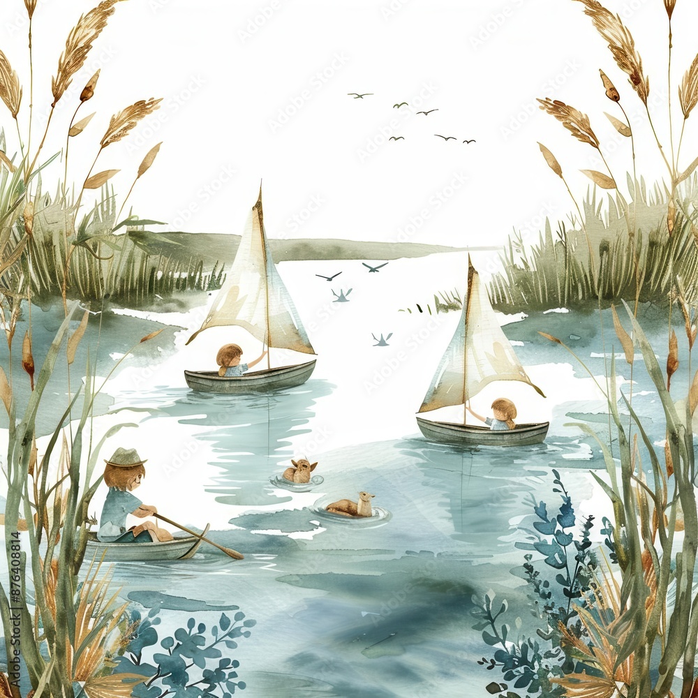 Nile River Adventure A playful scene of children sailing small boats on ...