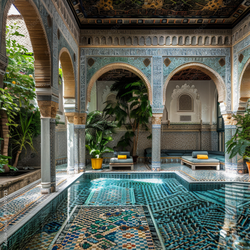 A beautiful courtyard with a pool and arched ceilings. The pool is ...