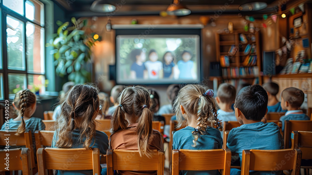 Group of Diverse Elementary School Children Watching Educational Film ...