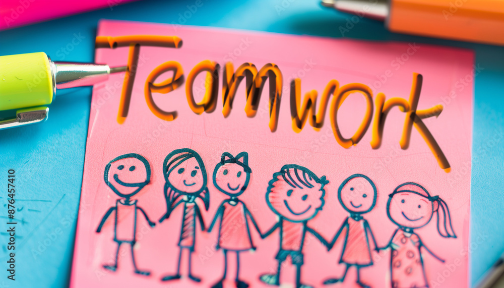 Pink note with a doodle of six people holding hands and the word ...