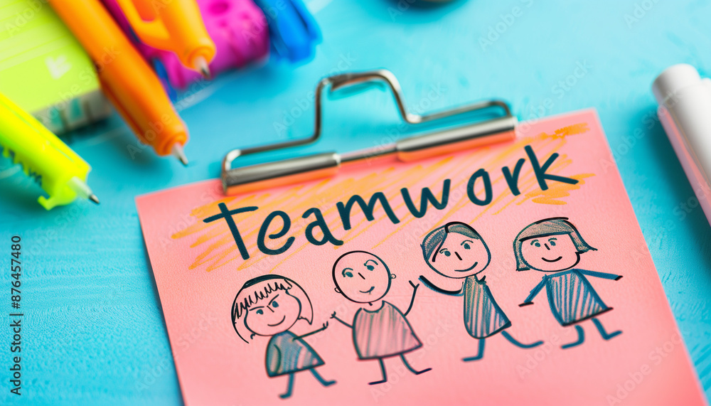 Pink note with a doodle of four people holding hands and the word ...