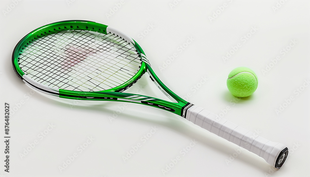 Green and white tennis racket with a green tennis ball, placed on a ...