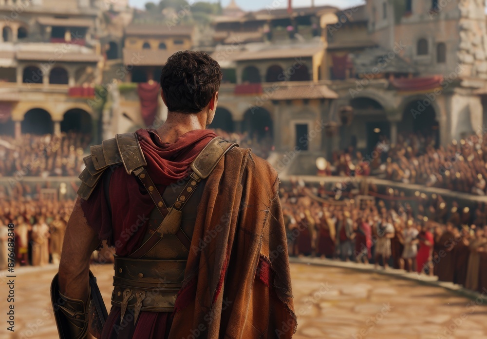 cinematic movie still of an attractive muscular man in gladiator armor ...